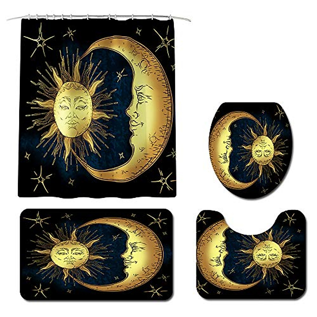4PCS/Set Sun and Moon Print Pattern Shower Curtains Sets Polyester Waterproof Bathroom Shower Curtain Sets Non-Slip Bathroom Rugs Bath Mat Set Toilet Lid Cover+12 Hooks, Boho
