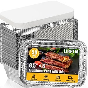 IJRPLM 50 Pack Foil Pans with Lids,2.25 LB Aluminum Pans with Lids,Foil Food Containers,Disposable Takeout Pans For Catering Baking Takeout-50 Pans and 50 Cardboard Covers(8.5"×6")