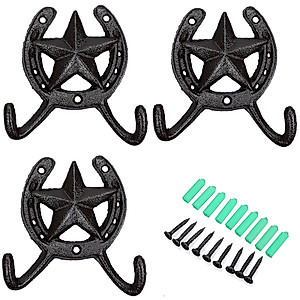 Laxioriew Pack of 3 Wall Mounted Cast Iron Lucky Horseshoe Hook, Heavy Duty Rustic Country Wall Coat Hook Star Decorative Hook, Farmhouse Horse Shoe Vintage Towel Hook for Hats Coats Keys