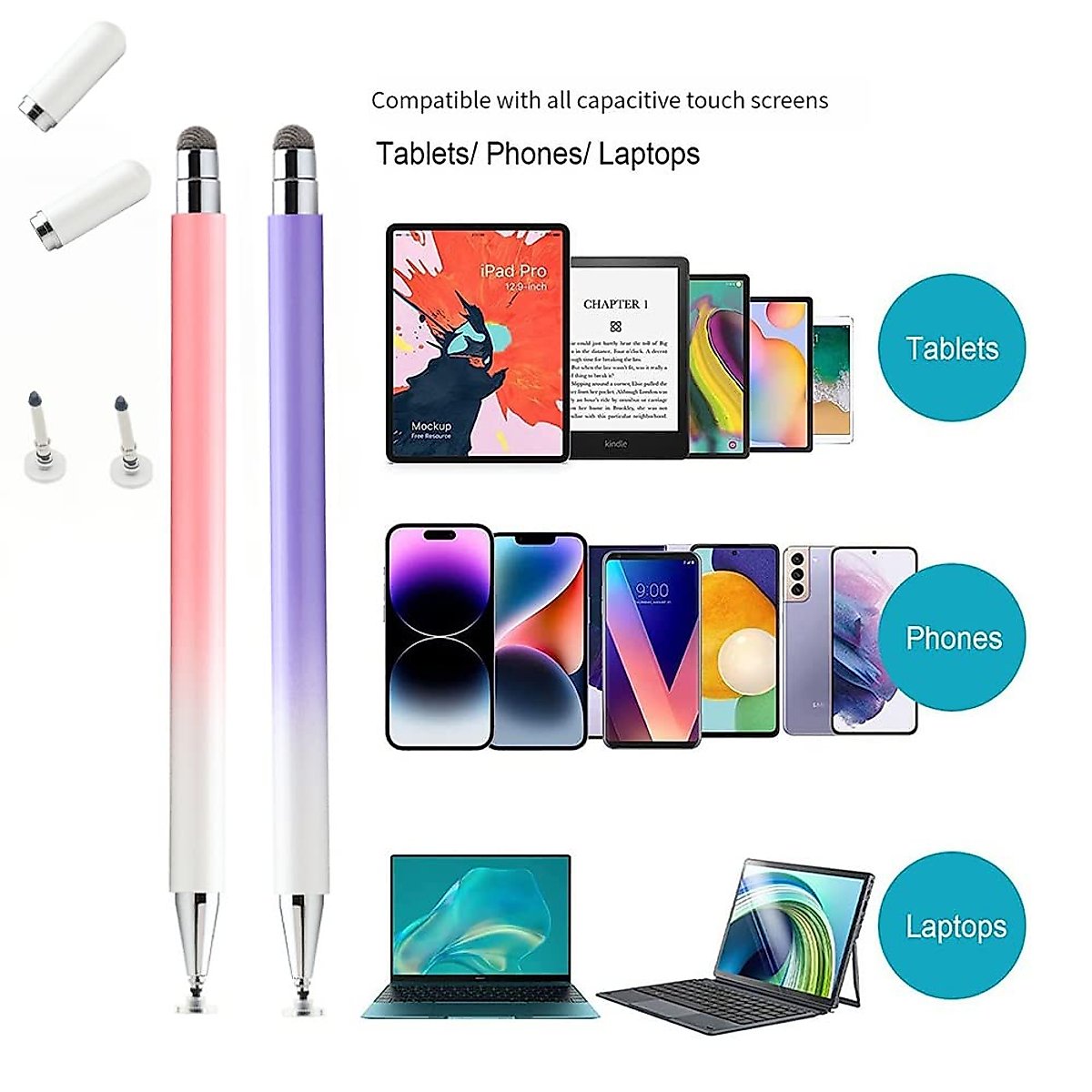 Stylus Pens for Touch Screens(2 Pack), 4 Replaceable Tips High Precision Capacitive Pen for iPad iPhone Android Tablets and All Universal Touch Screen Devices (Purple&Pink)