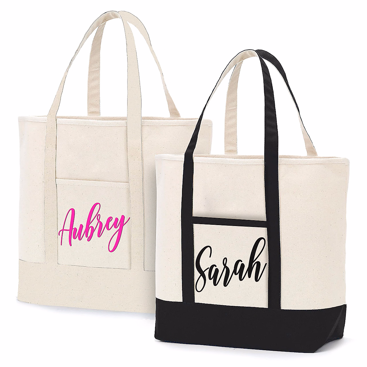Personalized Canvas Bags w/Name 2 Bag Colors 17 Vinyl Colors Custom Shoulder Tote Bag Gifts Woman Customized Zippered Shopping Bag Girls Reusable Grocery Bags Woman Birthday Gift C1 Black and Beige