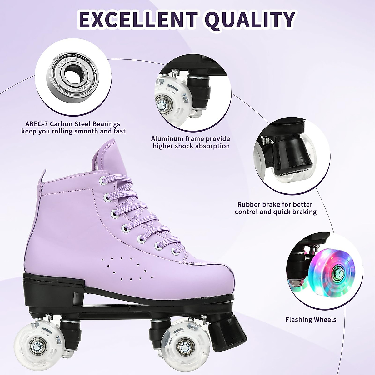 Women's Roller Skates Light Up Wheels, Adjustable Double Row Roller Skates Outdoor Shiny Derby Skates Illuminating for Teens and Youth (Purple Flash,9.5)