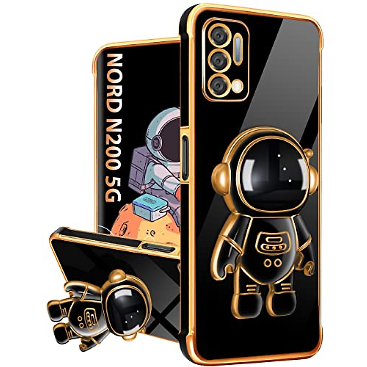 Buleens for OnePlus Nord N200 5G Case with Astronaut Stand, Girls Women Nord N200 5G Cases, Cute Girly 6D Outer Space Heart Pattern Phone Cover for OnePlus Nord N200 5G 6.49 Inch Black