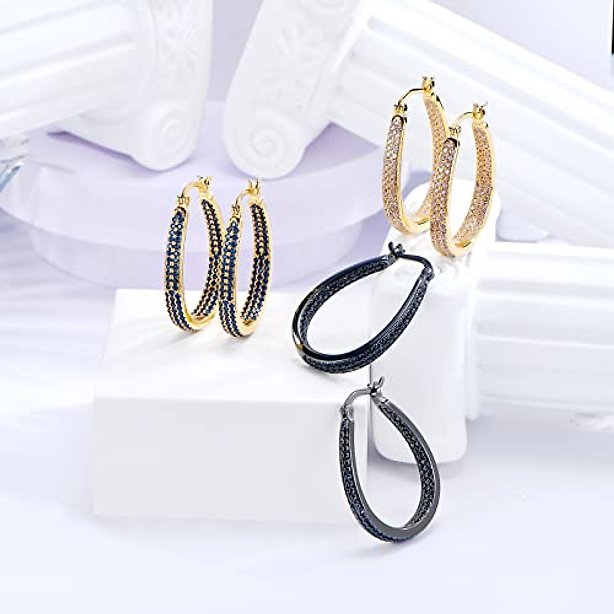 925 Sterling Silver Post Hoop Earrings for Women Gilrs Black Cubic Zirconia Oval Chunky Black Hoop Earrings weinuo Jewelry