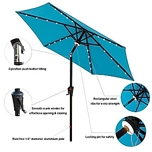 C-Hopetree 7.5 ft Outdoor Patio Market Table Umbrella with Solar LED Lights and Tilt, Aqua Blue