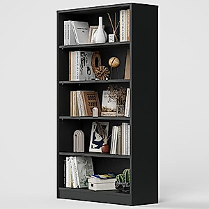 STARY 5 Shelf Bookcase Black Tall Bookshelf for Bedroom 5 Tier Modern Wood Bookshelf 33" Wide 60" Tall