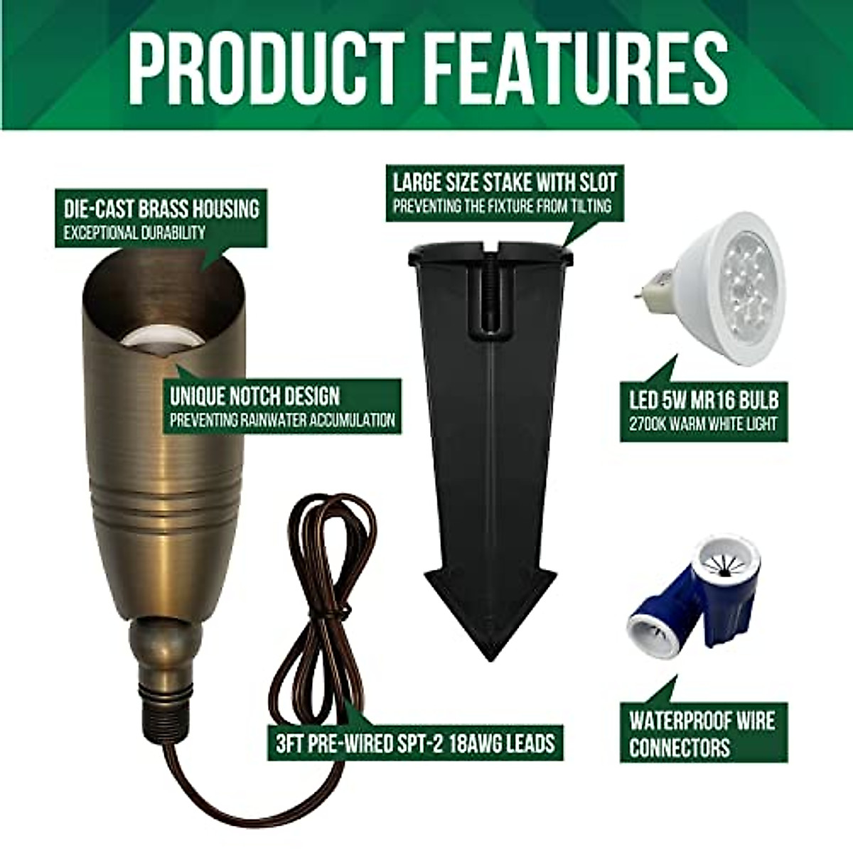 GKOLED UL Listed Solid Brass Landscape Spotlight, Low Voltage Outdoor Directional Uplight, with 5W MR16 LED Bulb & Large Rugged Slot Spike, 12V AC/DC Garden Patio Spot Up Light