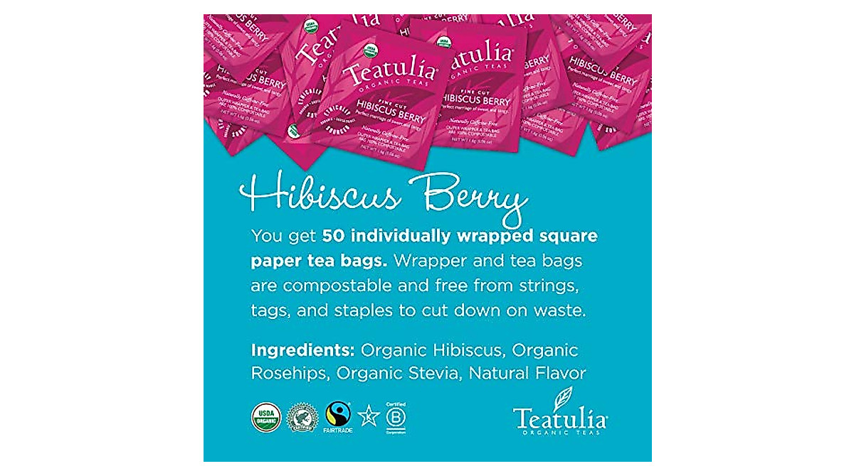 Teatulia Organic Hibiscus Berry Tea Bags - 50 Wrapped Bags