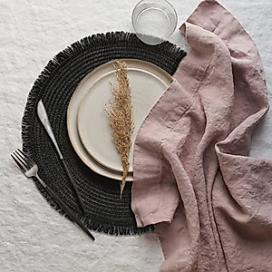 FunWheat Paper Round Braided Placemats Set of 6 for Dining Tables 15 Inch Heat Resistant Table Mats Farmhouse Woven Fabric Natural Place mats for Decoration with Tassel(Black)
