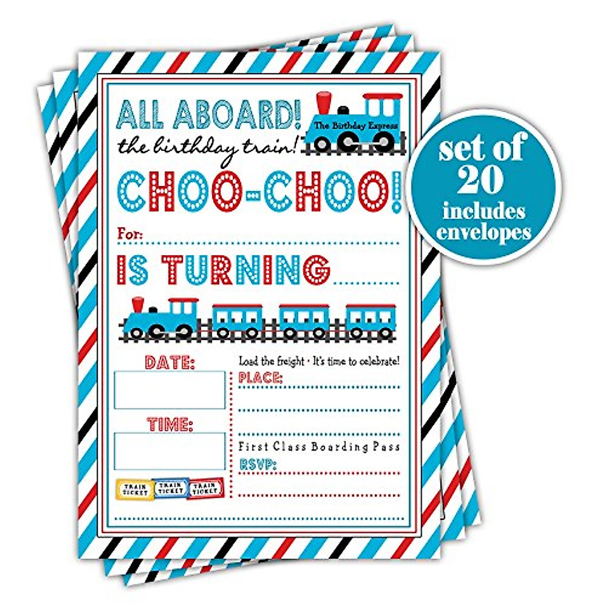 Train Themed Birthday Party Invitation - Set of 20 with envelopes