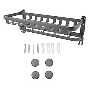 Bathroom Towel Rack, PunchFree Practical Folding Towel Rack with Towel Hooks for Kitchen (Gray)