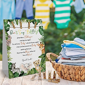 Don't Say Baby Clothespin Game Sign (1 Sign + 50 Mini Clothespins), Safari Animal Baby Shower Game，Baby Shower Decoration, Gender Neutral Baby Shower