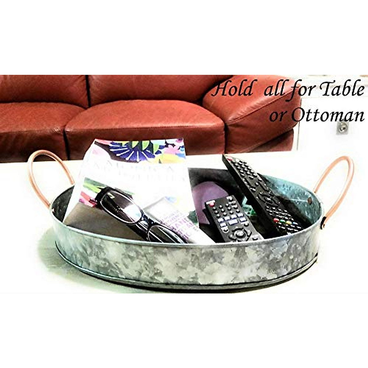 Galrose Rustic Galvanized Metal Serving Tray – Rose Gold Handles for Drinks Bar Table Centerpiece Sturdy Oval Decorative Serving Tray Platter. 6th Iron Anniversary Housewarming or Retirement Gift