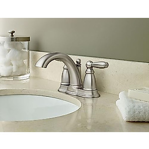Moen Brantford Brushed Nickel Two-Handle Low-Arc Centerset Bathroom Faucet with Drain Assembly, 6610BN, 0.5