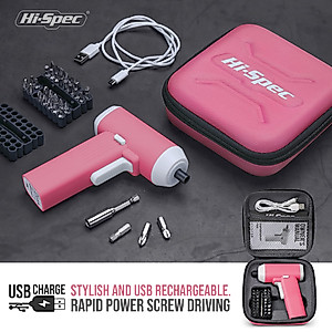 Hi-Spec 34pc 3.6V Pink USB Small Power Electric Screwdriver Set for Women. LED Light, Li-ion Battery, Cordless & Rechargeable with Driver Bit Set.