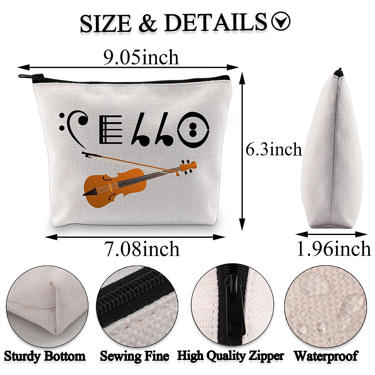 BDPWSS Cello Gift Cello Player Gift Cello Music Note Makeup Bag Funny Cello Cellist Orchestra Musician Zipper Travel Pouch (Cello note bag)