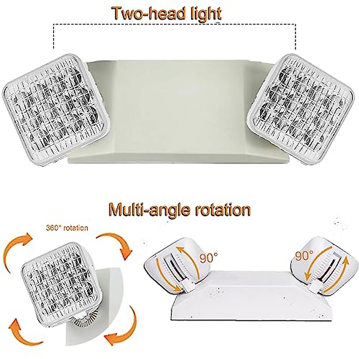 LED Emergency Light Fixture, Commercial Emergency Lights with Battery Backup, Square Two Head Adjustable LED Emergency Light for Power Failure Business, Emergency Exit Light AC 110V-277V 6 Pack