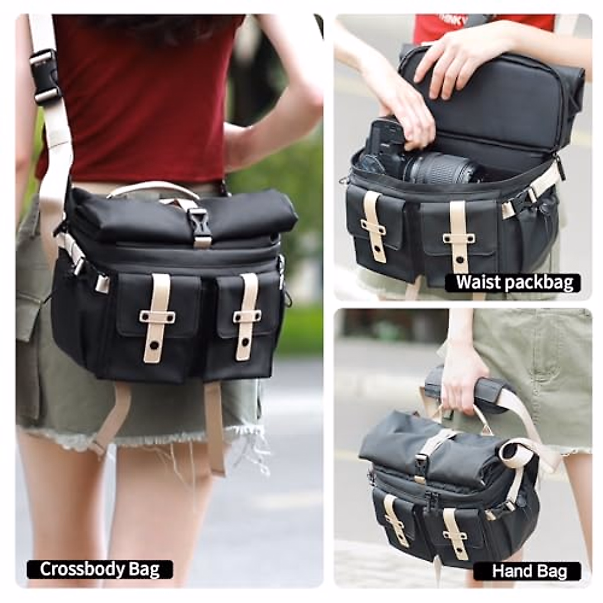 Cwatcun Compact Waterproof Camera Bag Small Shoulder Camera Messenger Bag with Tripod Holder, Travel Expansion Photography Bag for Canon, Nikon, Sony, Fuji DSLR SLR Mirrorless Camera, Lens