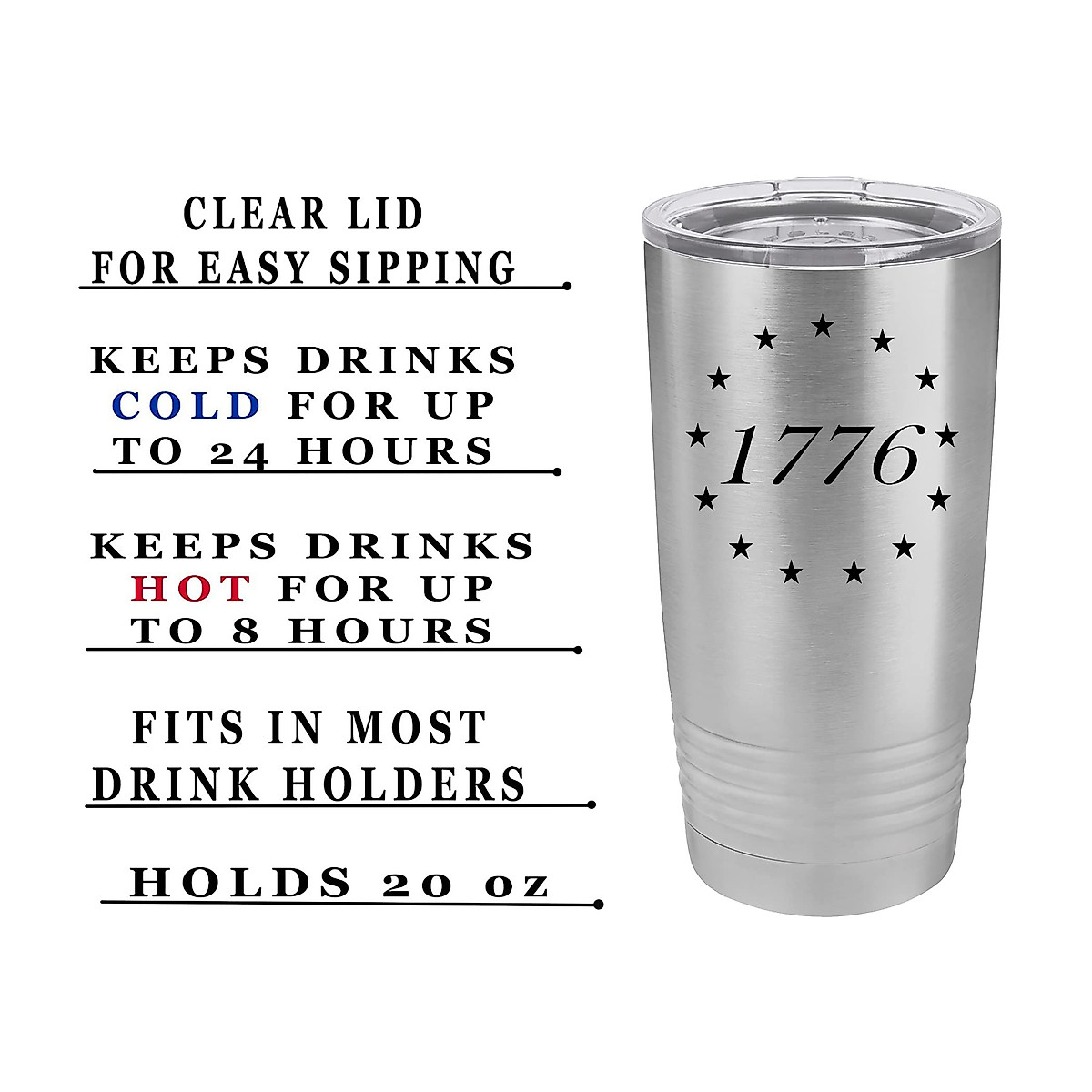 Rogue River Tactical Betsy Ross 1776 American USA Flag 20 Oz. Travel Tumbler Mug Cup w/Lid Vacuum Insulated Hot or Cold Military Vet Gift (Silver)