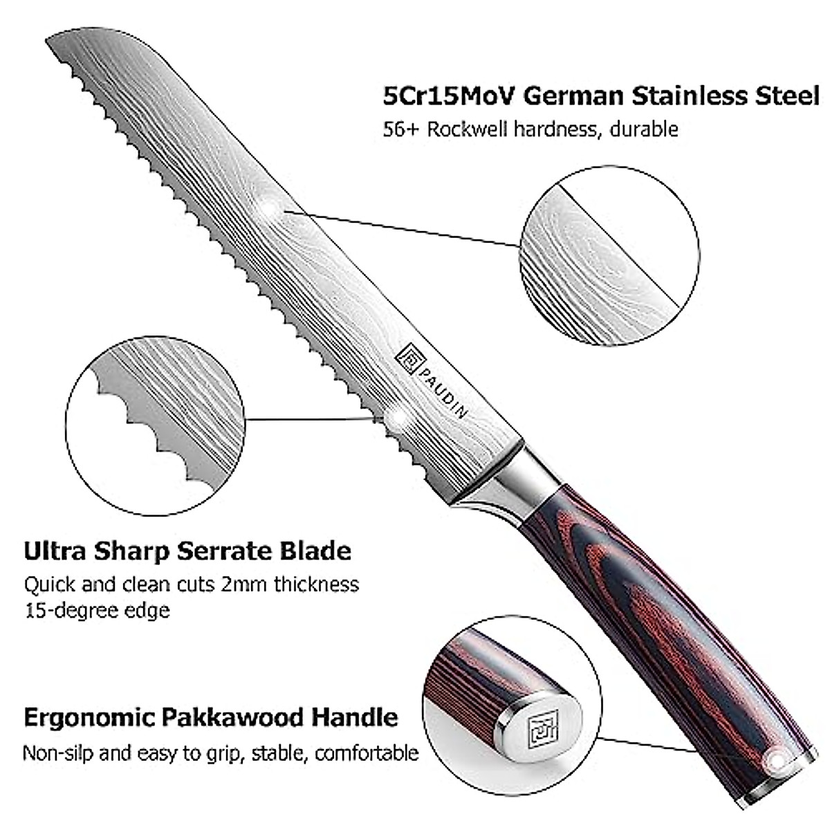 PAUDIN Bread Knife 8 inch, Ultra Sharp Serrated Knife, German High Carbon Stainless Steel, Bread Cutting Knife, Professional Grade Serrated Bread Knife, with Ergonomic Handle and Gift Box