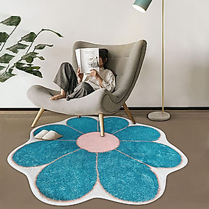 Poowe Teal Blue Flower Shaped Rug,Cute Round Rug for Bedroom Living Room, Fluffy Circular Rug Washable Nursery Rug for Kids Room Nonslip Indoor Floor Mat for Entryway-39.4" Round
