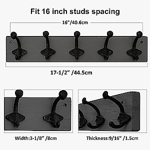 WEBI Rustic Coat Rack Wall Mount Grey,5 Cast Iron Hooks,Coat Hooks Wall Mounted,Heavy Duty Antique Vintage Hooks for Hanging Coats,Jacket,Clothes