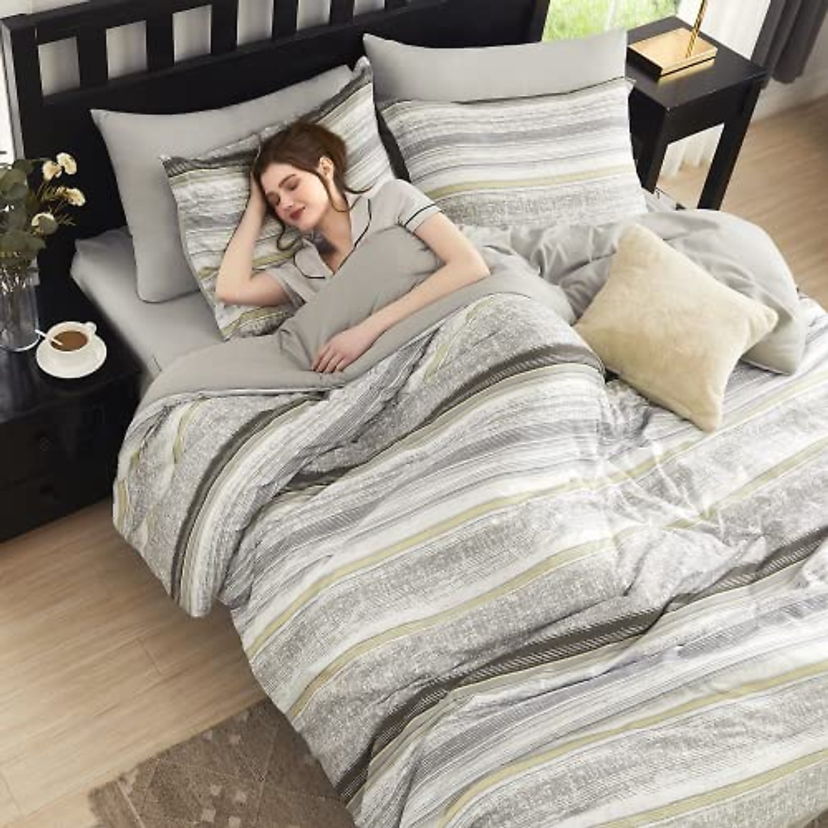 MaiRêve Grey Twin Bed in A Bag, Soft Grey Stripe Minimalist Comforter Set Urban House Design 6 Pieces for Boys Girls or Dorm Bedding(Mosaic Horizontal Stripes,Twin)