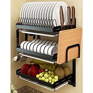 Supfirm Wall Mounted Stainless Steel Dish Drying Rack Fruit Vegetable Storage Basket with Drainboard and Hanging Chopsticks Cage Knife Holder Kitchen Supplies Shelf Utensils Organizer (3-Tier)
