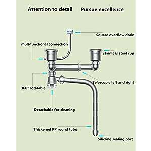HTDAK Kitchen Dual Sink Installation Plumbing, Expandable Sink Drain Kit, Universal Kitchen Drain Kit, 3-1/2''Sink Expandable Drain, Silver, 13.78×13.78×5.90