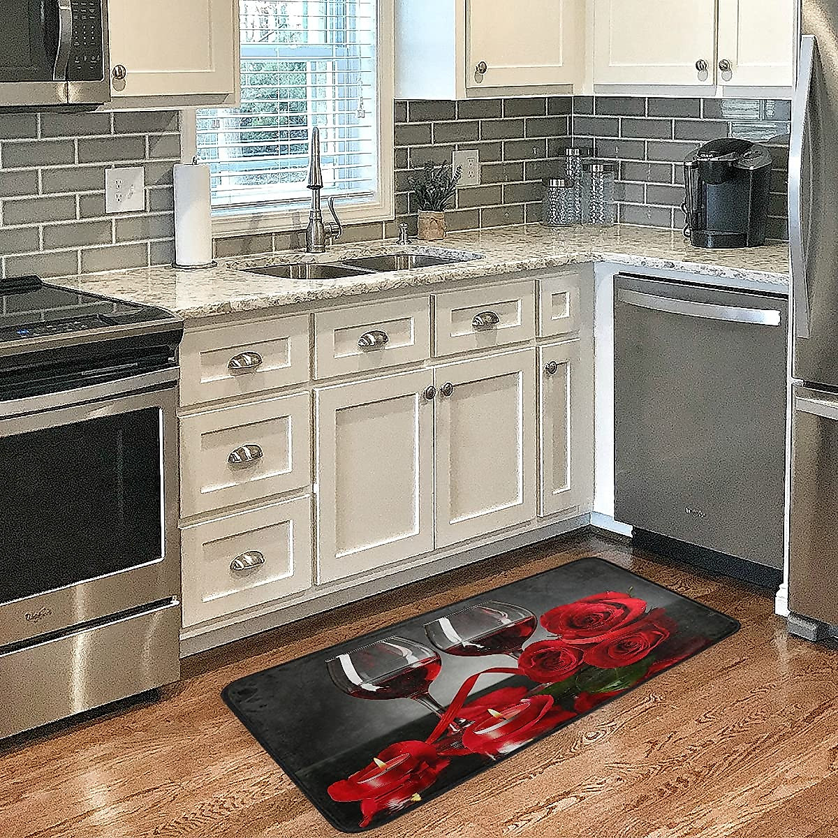Red Wine Rose Absorbent Kitchen Floor Mat and Rug, 39 x 20 Inches Non-Skid Floor Mats and Rugs for Kitchen, Bathroom, Sink, Indoor, Home Decor