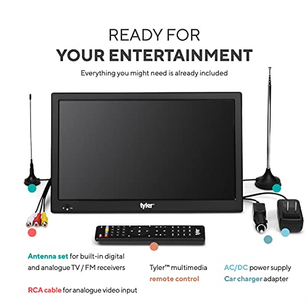 Tyler 13" Portable TV LCD Monitor Battery Powered Wireless Capability HD-TV, HDMI, SD Slot, USB, RCA, AC/DC, FM Radio, Car Charger, Remote Control, Built in Stand Small Mini for Car Kids & Traveling