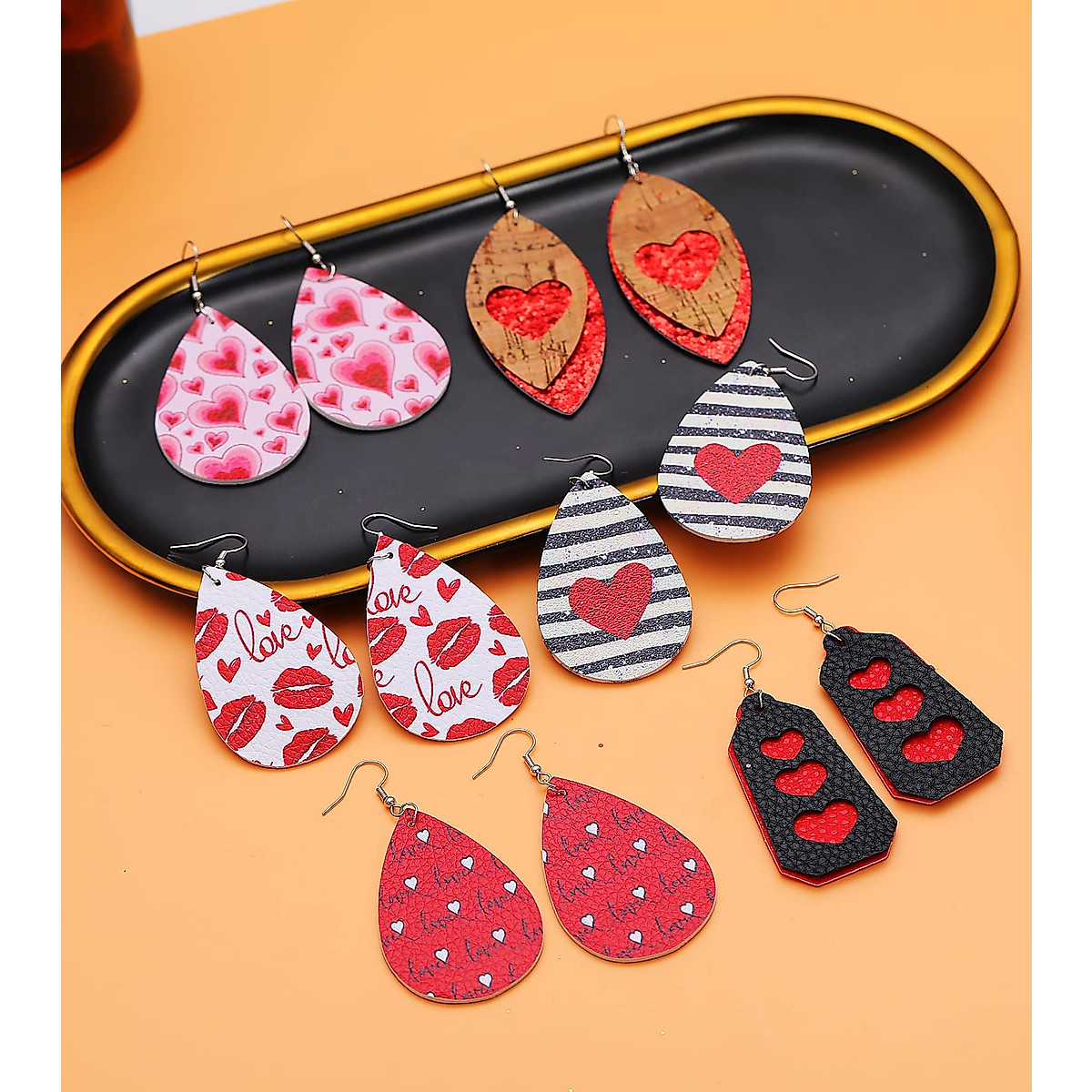 Honsny 20 Pairs Valentine's Day Faux Leather Earrings Set for Women Lightweight Teardrop Dangle Earrings Heart Stiped Water Drop Earrings
