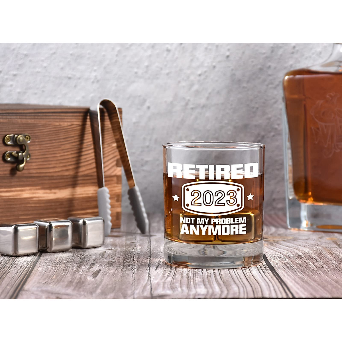2023 Retirement Gifts for Men, Funny Retired 2023 Not My Problem Any More Whiskey Glass Wooden Gift Boxed Set, Happy Retirement Gifts for Boss, Office Coworkers, Dad, Husband, Brother, Friends