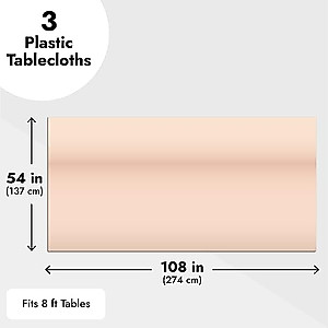 Sparkle and Bash 3 Pack Rose Gold Plastic Tablecloth, Metallic Table Cover Disposable for Pink Birthday Parties, Gender Reveal, Bridal Shower Decorations (54 x 108 in)