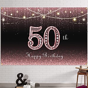 HAMIGAR 6x4ft Happy 50th Birthday Banner Backdrop - 50 Years Old Birthday Decorations Party Supplies for Women - Rose Gold
