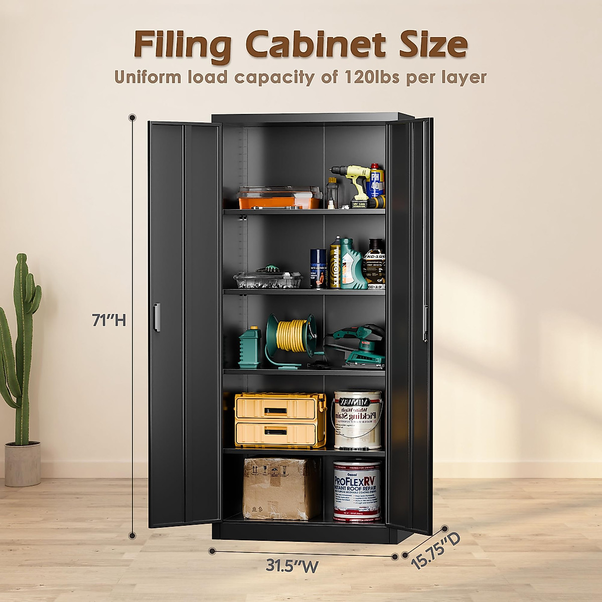 LOCENHU Metal Storage Cabinet with 2 Doors and 4 Adjustable Shelves - 71" Locking File Cabinet,Locking Tool Cabinet for Office,Home,Garage,Gym,School (Black),Requires Installation