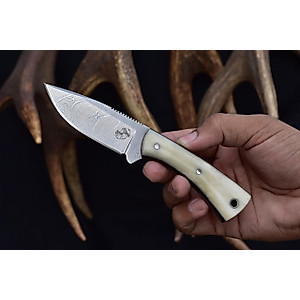 Knives Ranch Fixed Blade Hunting Knife - Full Tang EDC Knife - Damascus Skinning Knife - Bone Handle and Heavy Duty Horizontal Carry Sheath Snug Fit (4402-B)