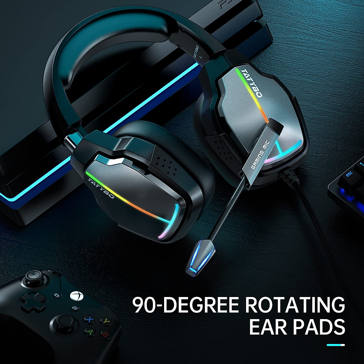Tatybo New Gaming Headset for PC PS4 PS5 Xbox One Switch, Stereo PS4 Headset with 90° Rotatable Earpads, Noise-Cancelling Mic
