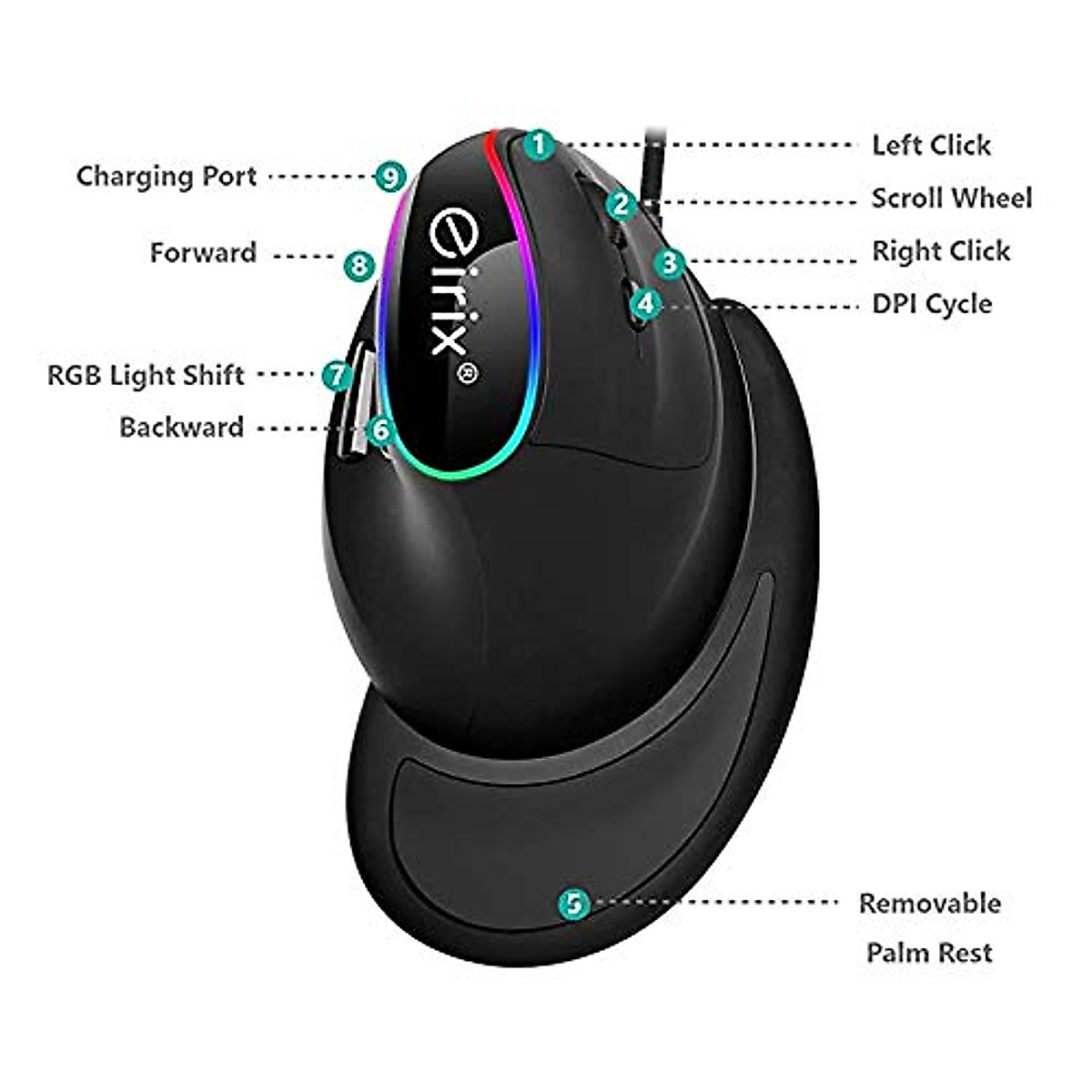 eirix Wired Ergonomic Vertical Mouse: RGB Backlit Ergo Mice with 3200 Adjustable DPI, Removable Palm Rest, Compatible with Windows and MAC OS