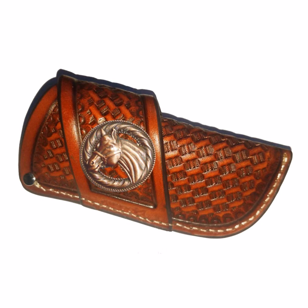 Custom Nocona Weave Copper Horse Side Draw Knife Sheath left side