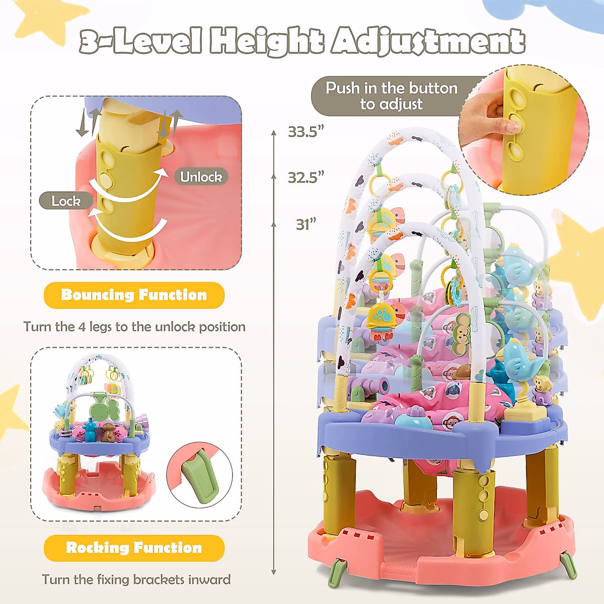 HONEY JOY Baby Bouncer Activity Center, 3-Stage Bouncing Activity Saucer & Playtime Mat & Activity Table, Toy-Bar, 3 Adjustable Heights, Foldable Exersaucer for Infants & Toddlers(Pink)