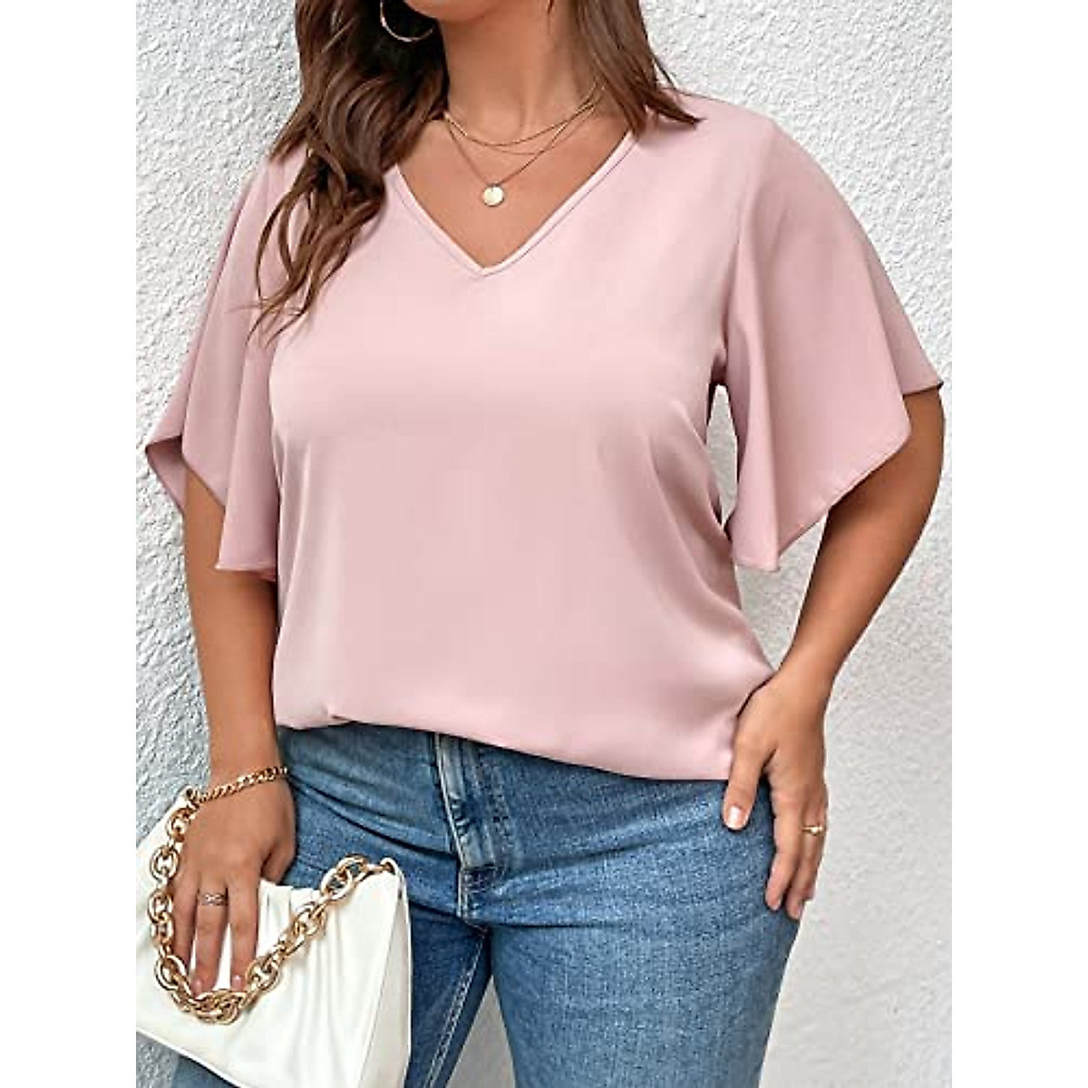 SOLY HUX Womens Plus Size Blouse Summer Tops V Neck Short Sleeve Casual Work Shirts Loose Flowy Blouses 2023 Solid Pink 3XL