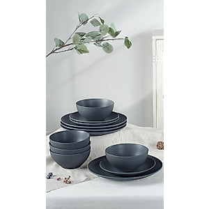 Famiware Moon Dinnerware Sets for 4, 12 Piece Stoneware Plates and Bowls Sets with Speckled Design, Matte Dish Set, Microwave and Dishwasher Safe, Charcoal