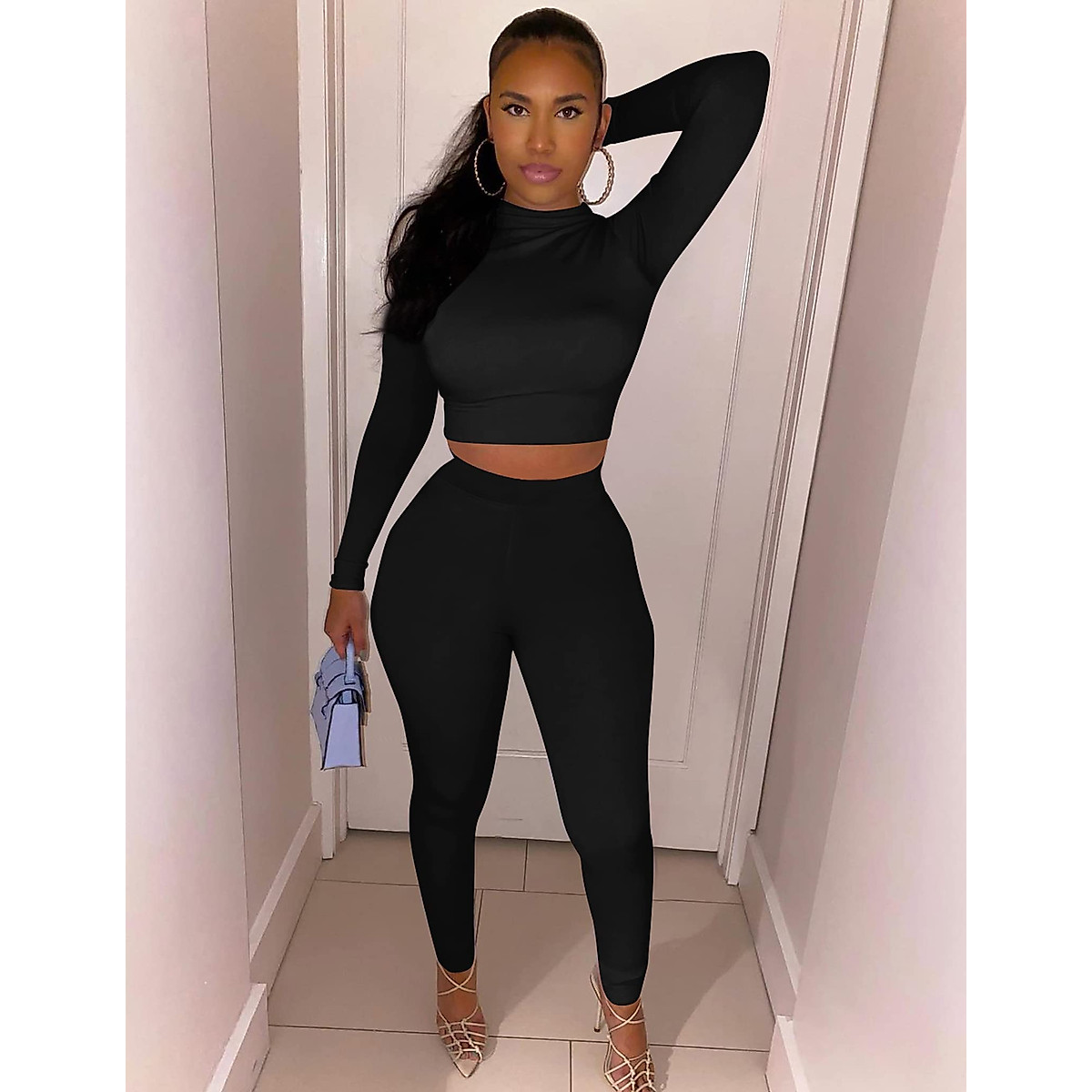 Kaximil Women's Workout Tracksuit 2 Piece Outfits Long Sleeve Crop Top High Waist Legging Pants Set, X-Large, Black