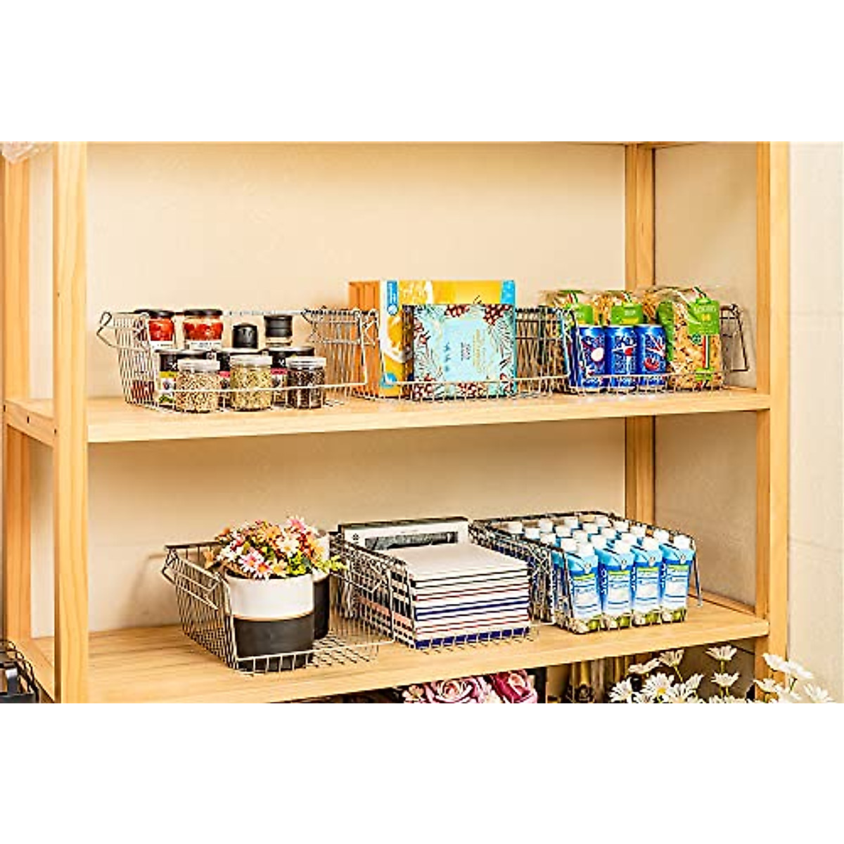 SANNO 14" Large Bin Baskets Stacking Farmhouse Baskets Wire Storage Baskets Organization Farmhouse Scoop Baksket for Pantry, Kitchen, Closets, Bathroom, Cabinets, Kitchen, Set of 3