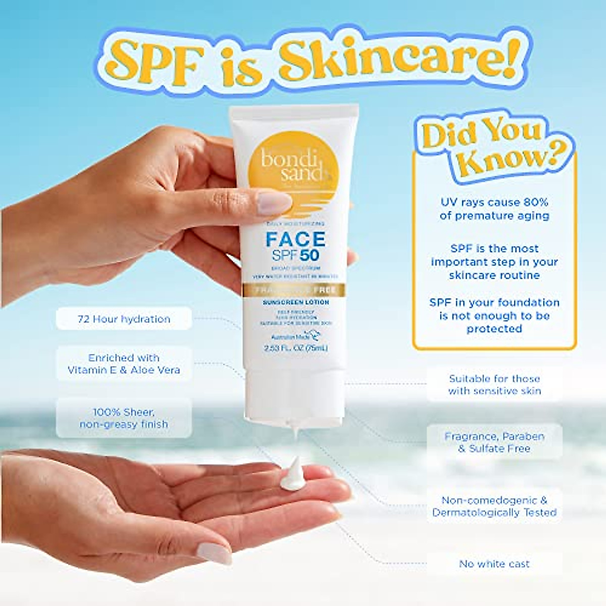 Bondi Sands Fragrance Free Daily Sunscreen Face Lotion SPF 50 | Hydrating UVA + UVB Protection, Non-Greasy, Gentle, Water Resistant | 2.53 Oz/75 mL