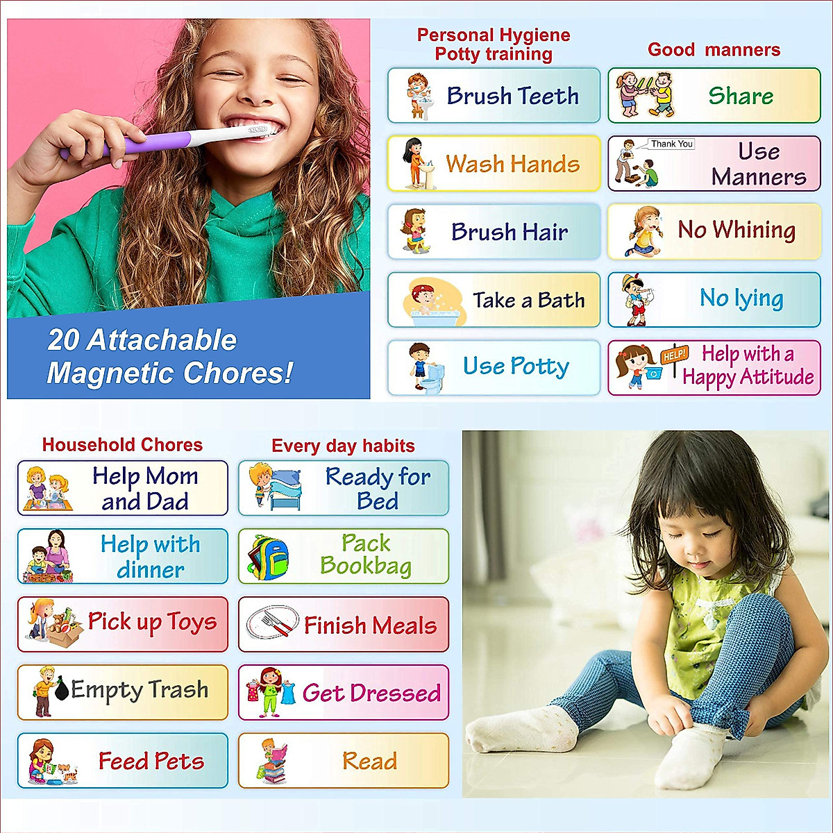 Magnetic Chore Chart for Kids Multiple Kids - Good Behavior Chart at Home - Dry Erase Reward Chart Toddler to Teens Chore Chart - Daily Responsibility Board - Potty Training Star Chart Wall or Fridge