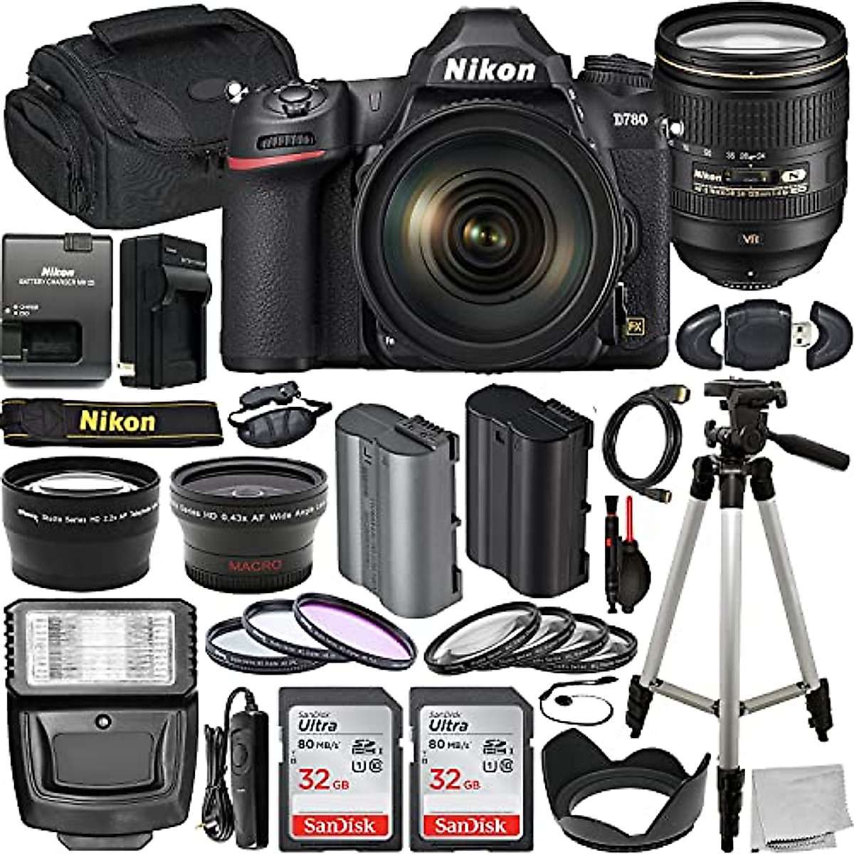 NIK0N D780 DSLR Camera with Nikkor 24-120mm f4G ED VR Lens & Deluxe Accessory Bundle. Includes: 2X SanDisk 32GB Ultra Memory Cards, Replacement Lithium-ION Battery, Digital Slave Flash, & Much More.