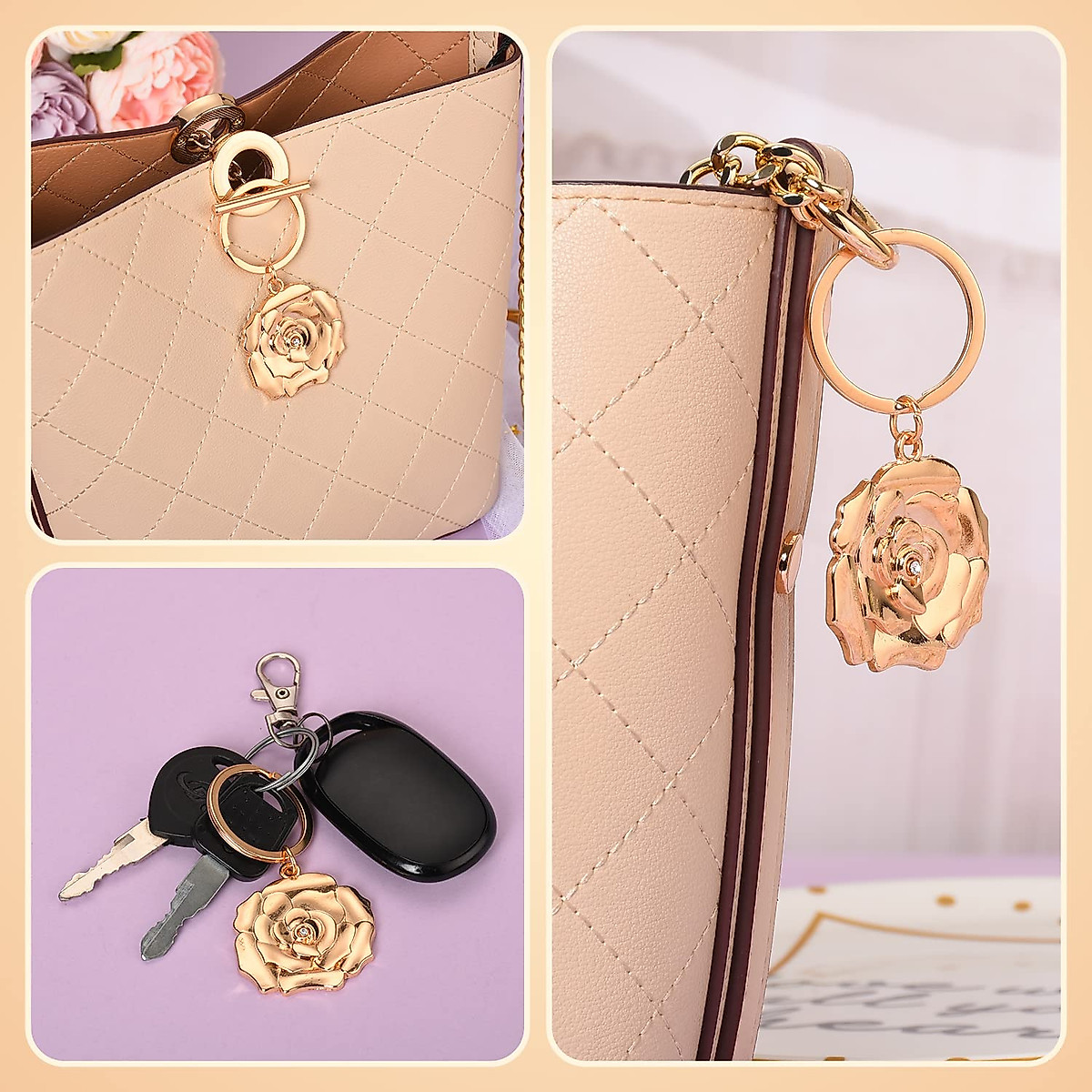 KaGrbves 50pcs Keychains/Keyrings for Baby Shower,Wedding or Bridal Shower Party Favors,Gift,Souvenirs to Guests Bulk with Gift Tags and White Bags(Rose flower)