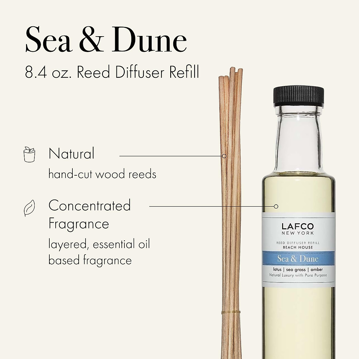 LAFCO New York Reed Diffuser Refill, Sea & Dune - 8.4 oz - Up to 4-Month Fragrance Life - Includes Natural Wood Reeds - Free of Dyes & Propellants - Made in The USA